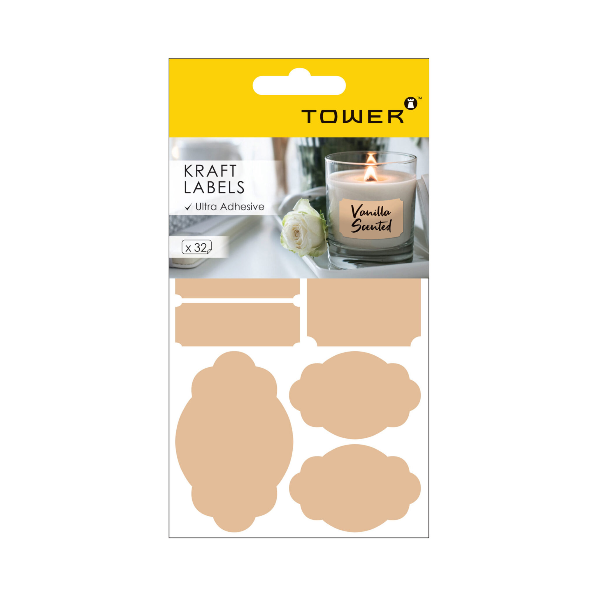 TOWER ULTRA ADHESIVE KRAFT LABELS (32 LABELS) - Hasmart