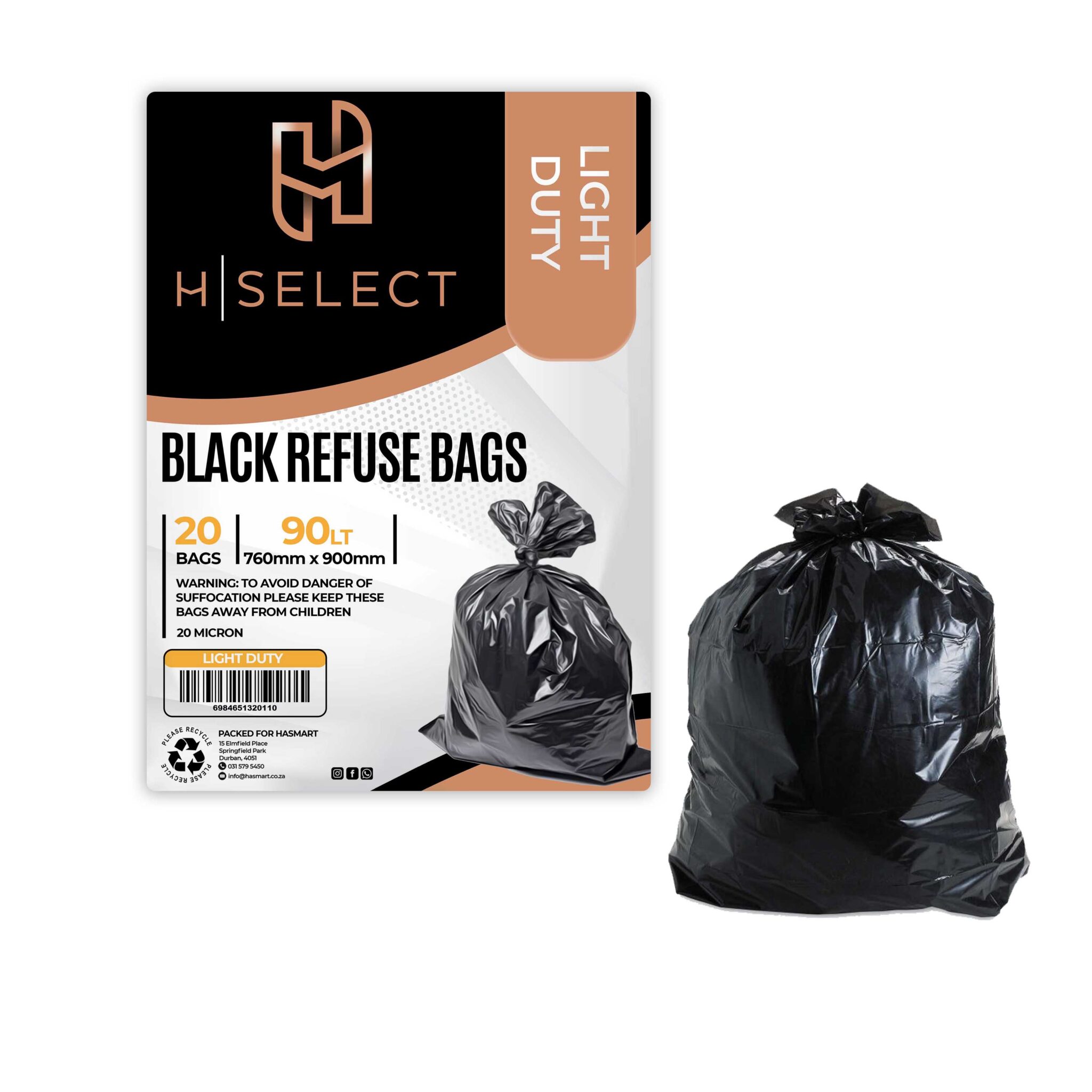 H-SELECT REFUSE BAGS BLACK 90lt BIN 760x900mm 20mic - Hasmart